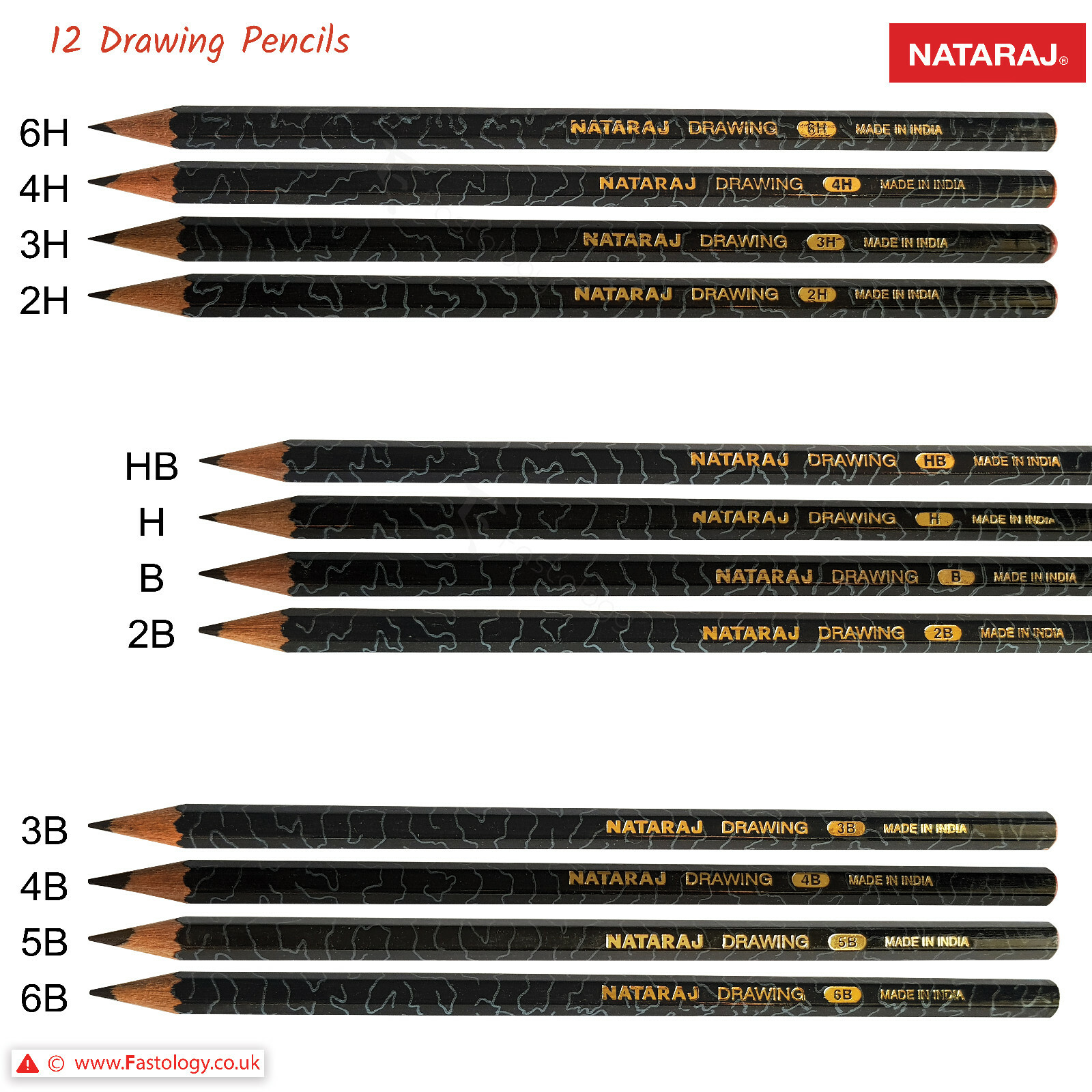 NATARAJ Artists 12 x Drawing Pencils - B 2B 3B 4B 5B 6B H HB 2H 3H 4H ...
