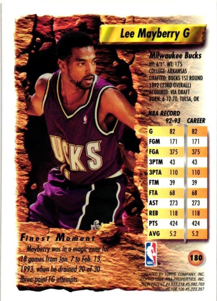 LEE MAYBERRY 1994 Topps Finest Basketball # 180 FREE SHIPPING ...