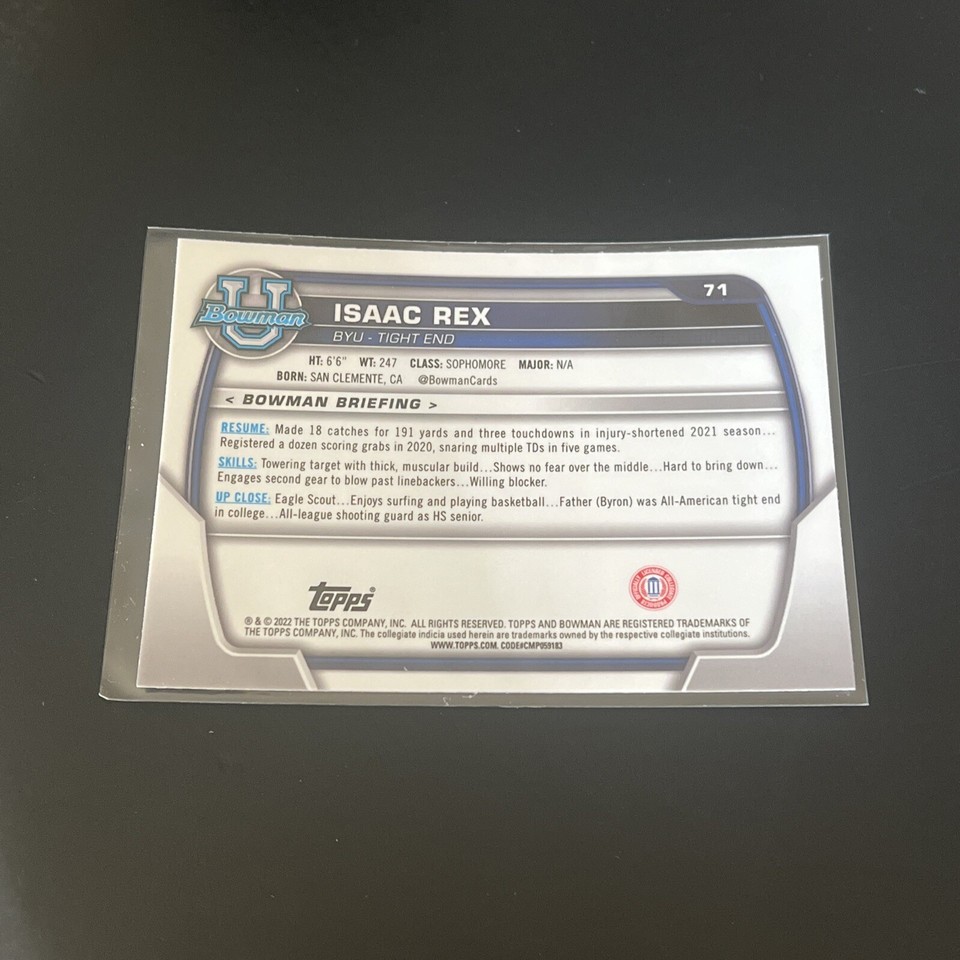 2022 Bowman U University Chrome Isaac Rex 1st Rookie RC Pink #71 BYU ...