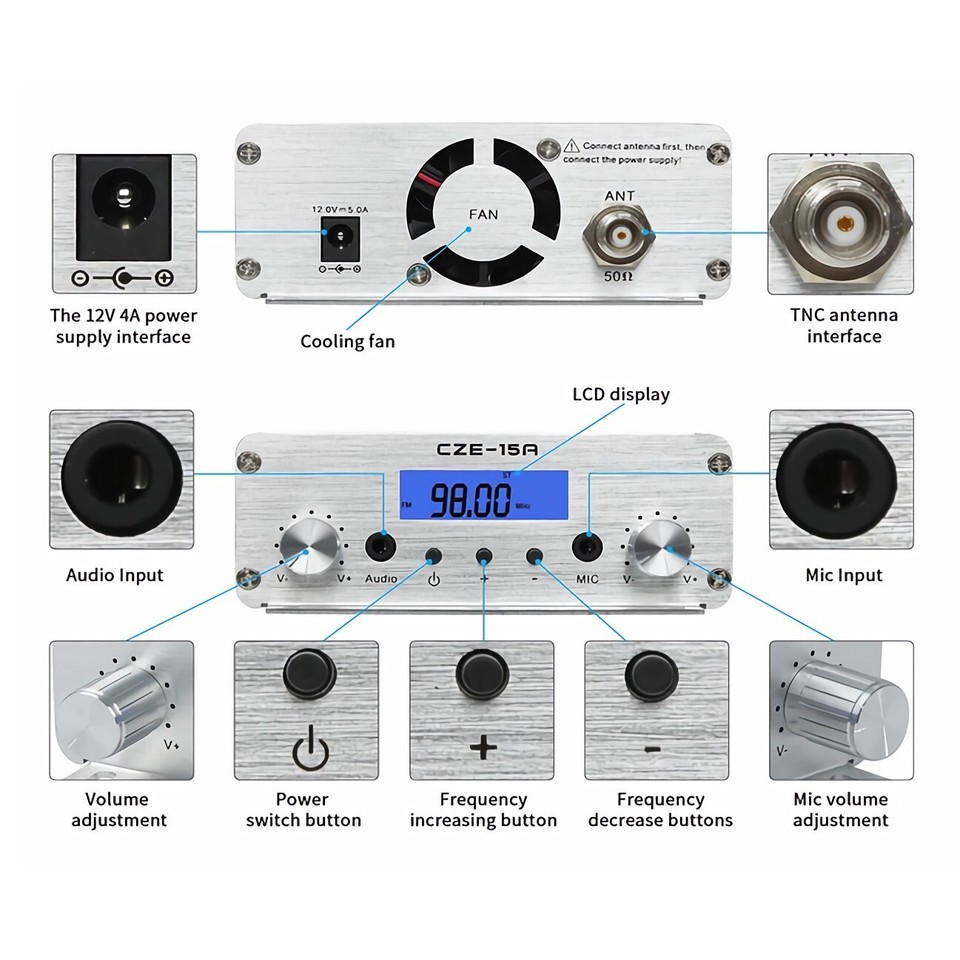 CZE-15A 15w/3w FM Transmitter Radio Broadcast 1/4 wave GP aluminum ...