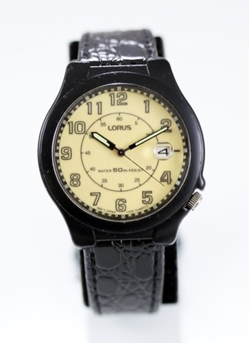 Lorus Watch Men Plastic Black Leather 50m Date Luminescent Battery ...