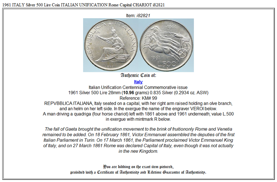 1961 ITALY Silver 500 Lire Coin ITALIAN UNIFICATION Rome Capital ...