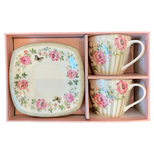 GRACE TEAWARE Pink Rose Butterfly Set (2) Porcelain Espresso Cups ...