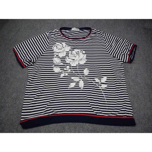 Cathy Daniels TOP Shirt Women's Navy Blue & White Striped w/ Floral ...
