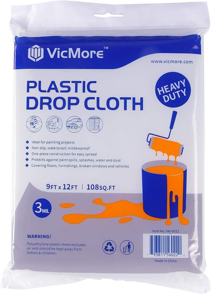 Heavy Duty Clear Plastic Drop Cloth 9x12 Ft - 3 Mil Painters Tarp for ...