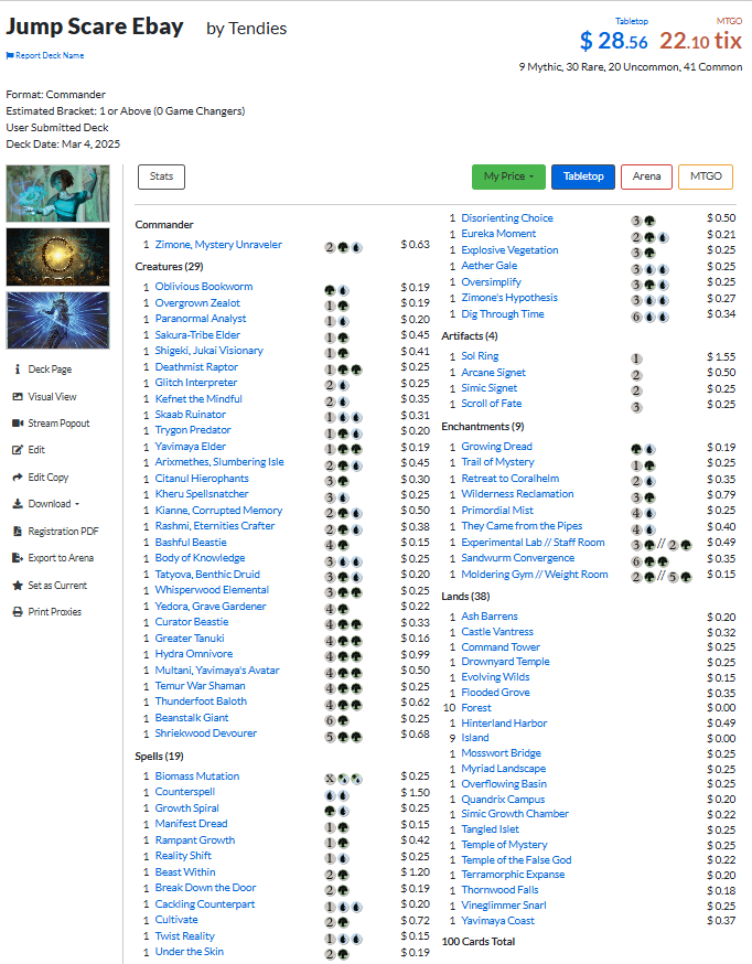 Jump Scare Zimone Modified Precon MTG EDH Commander Deck Read ...