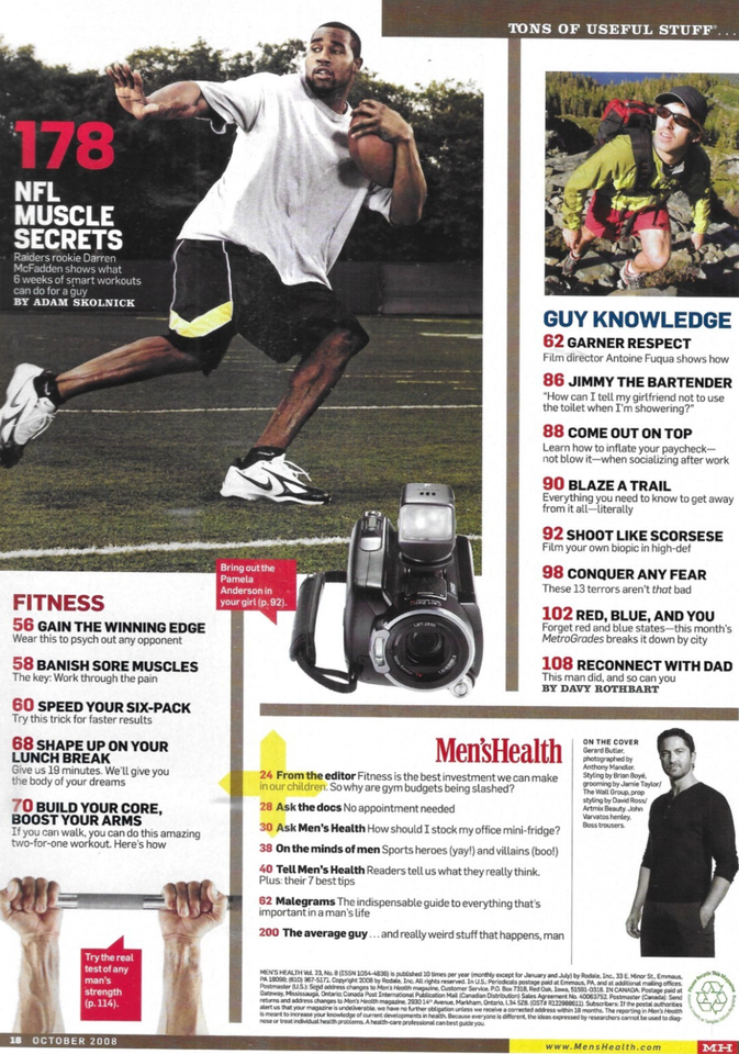Men's Health Magazine Gerard Butler Good Life Guide NFL Muscle Camps ...