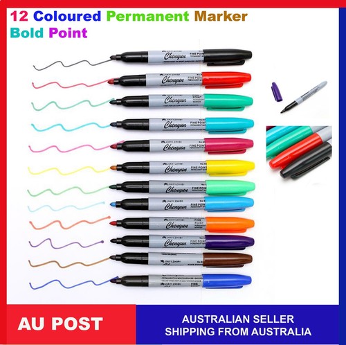 12pk Coloured Permanent Marker Assorted Markers Pen Office Stationery ...