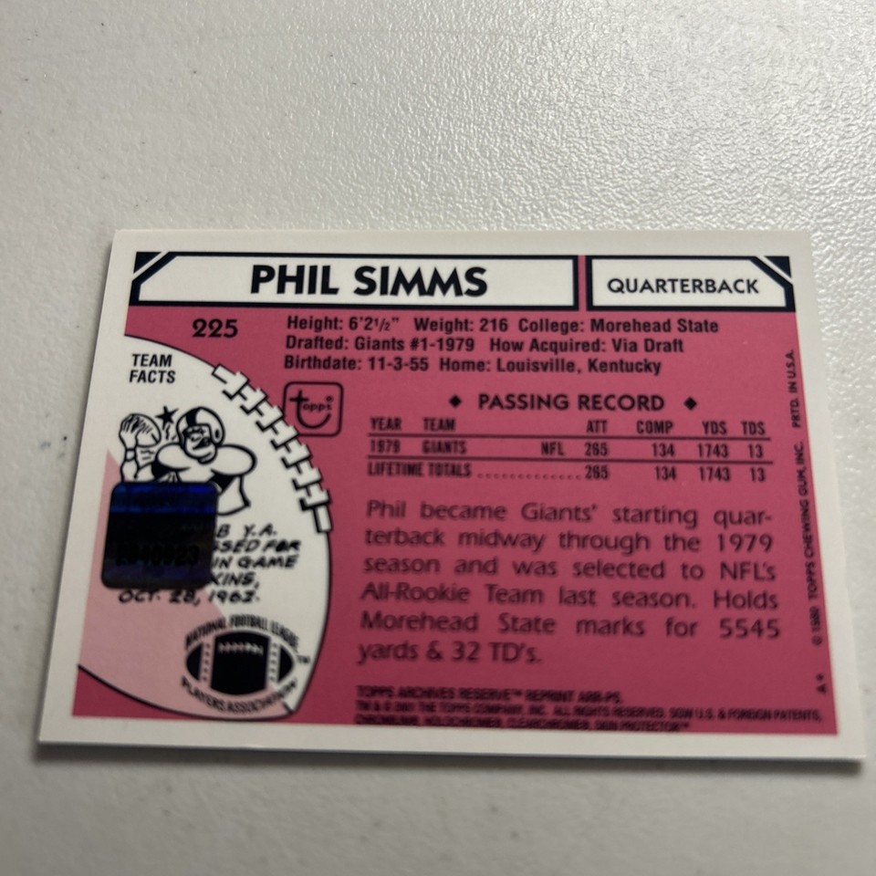 2001 Topps Archives Reserve - Phil Simms #64 Authentic Game Worn Jersey ...