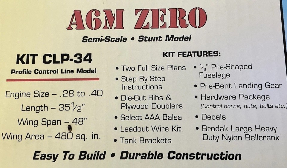 A6M Zero Semi Scale / Stunt Control Line Kit Brodak CLP-34 Engine .29 ...