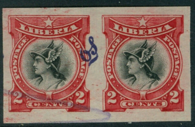 Liberia 1906, 2c Mercury official, IMPERFORATE pair, rejected printing ...
