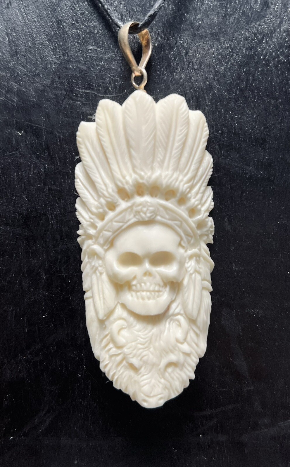 Skull Indian Headress Chief Sterling Silver 925 Hand Carved Bone Cow ...