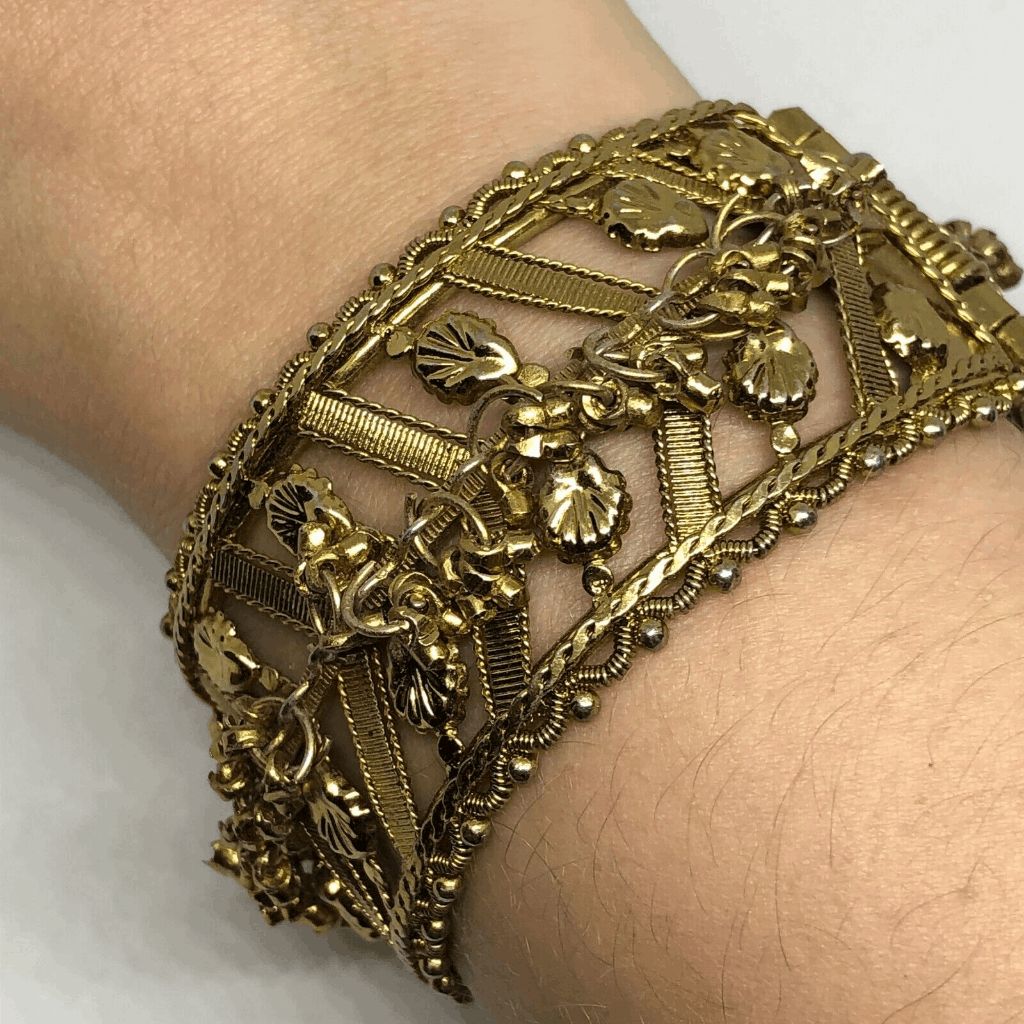 Vintage Golden Jingle Hinge Cuff Bracelet w/ Dangles | eBay