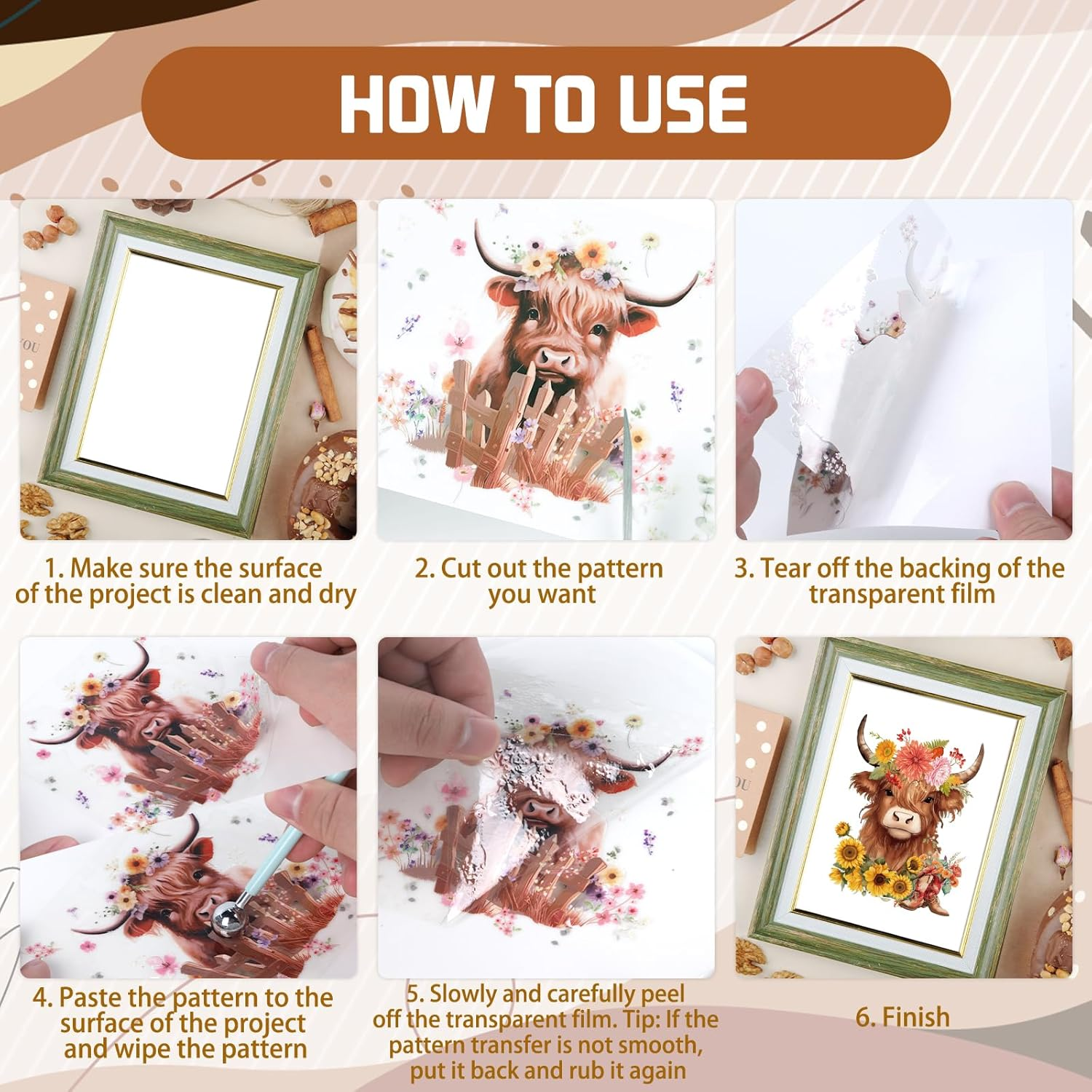 Highland Cow Rub on Transfers - 6 Sheets Sunflower Highland Cow ...