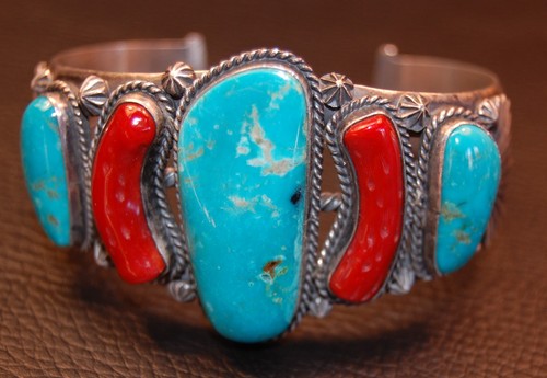 Vintage Running Bear Sterling Silver Turquoise & Red Coral Cuff ...