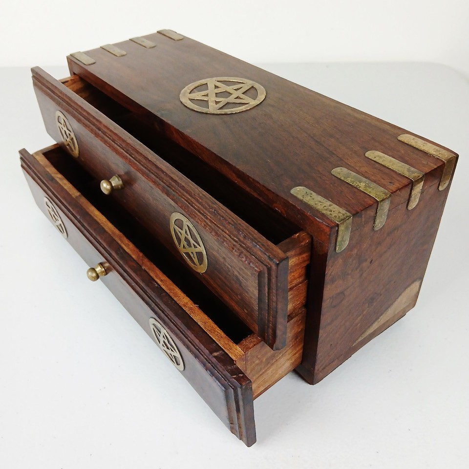 Wood & Brass Pentacle Box with 2 Drawers VTG Stash Box Pentagram Altar ...