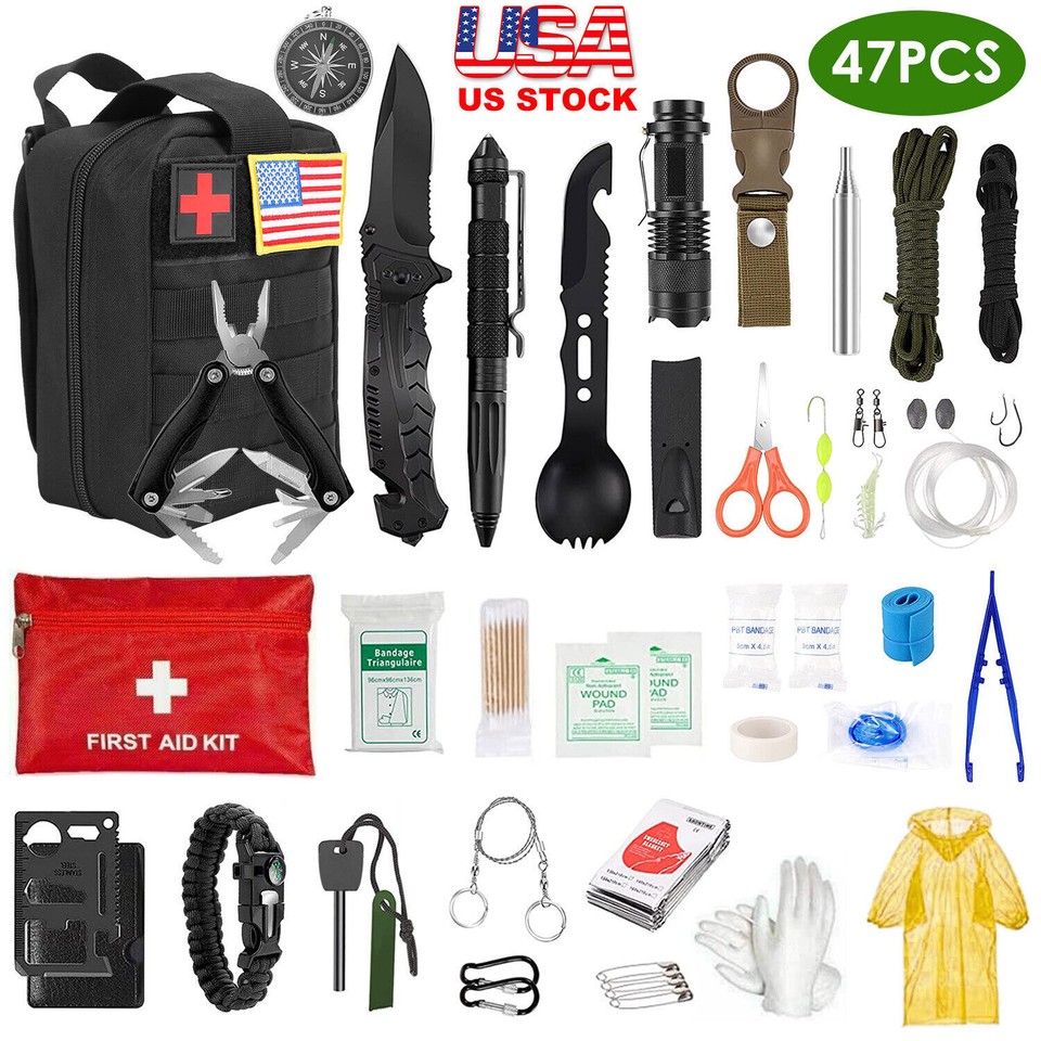 47PCS Emergency Survival Equipment Tool Kit Outdoor Tactical Hiking ...