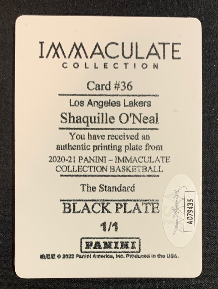 Shaquille O'Neal 2020 Panini Immaculate Signed Printing Plate Card Auto ...