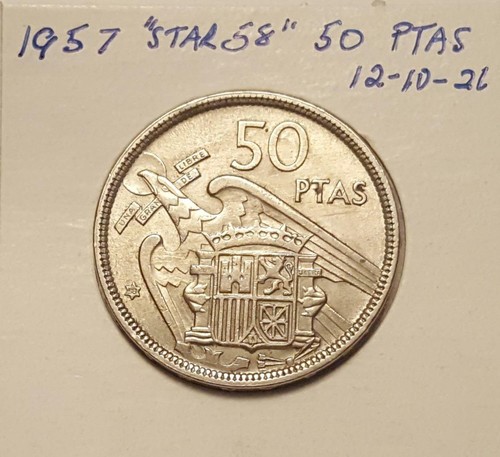 1957 Spanish 50 PTAS, star 58 coin with UNA GRANDE LIBRE on The Edge ...