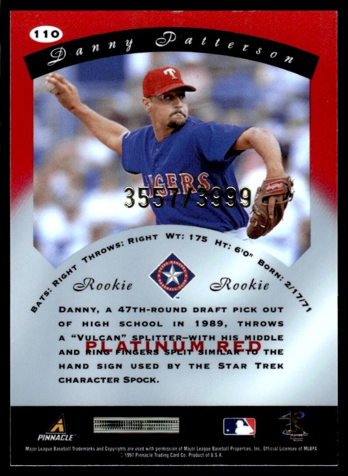 1997 PINNACLE TOTALLY CERTIFIED PLATINUM RED ROOKIE Danny Patterson ...