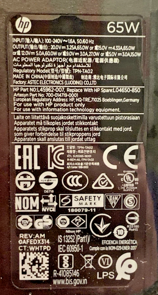 HP 65W USBC Power Adapter Model: TPN-TA02, universal USBC power adapter ...