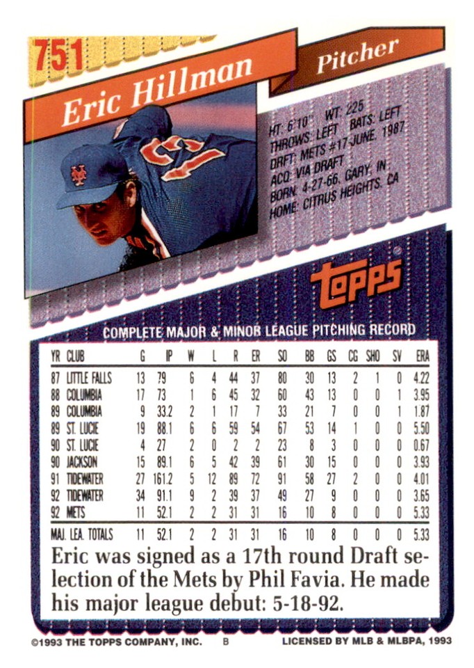 1993 Topps Gold Eric Hillman Foil MLB Insert PWE Mets #751 | eBay