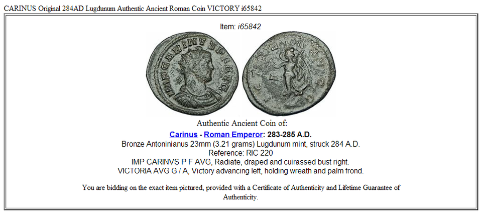 CARINUS Original 284AD Lugdunum Authentic Ancient Roman Coin VICTORY ...