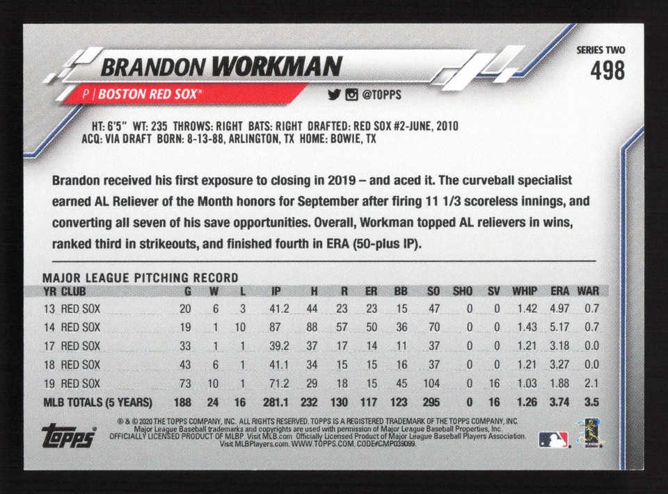 2020 Topps Mini (On-Demand) - Pink - #498 Brandon Workman - Red Sox - 11/25 | eBay