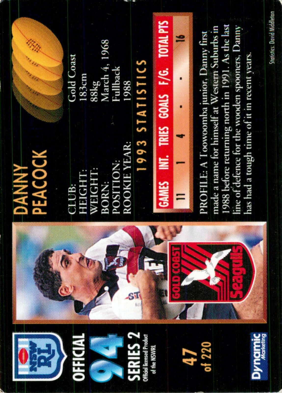 1994 GOLD COAST SEAGULLS NRL Card DANNY PEACOCK Titans | eBay Australia