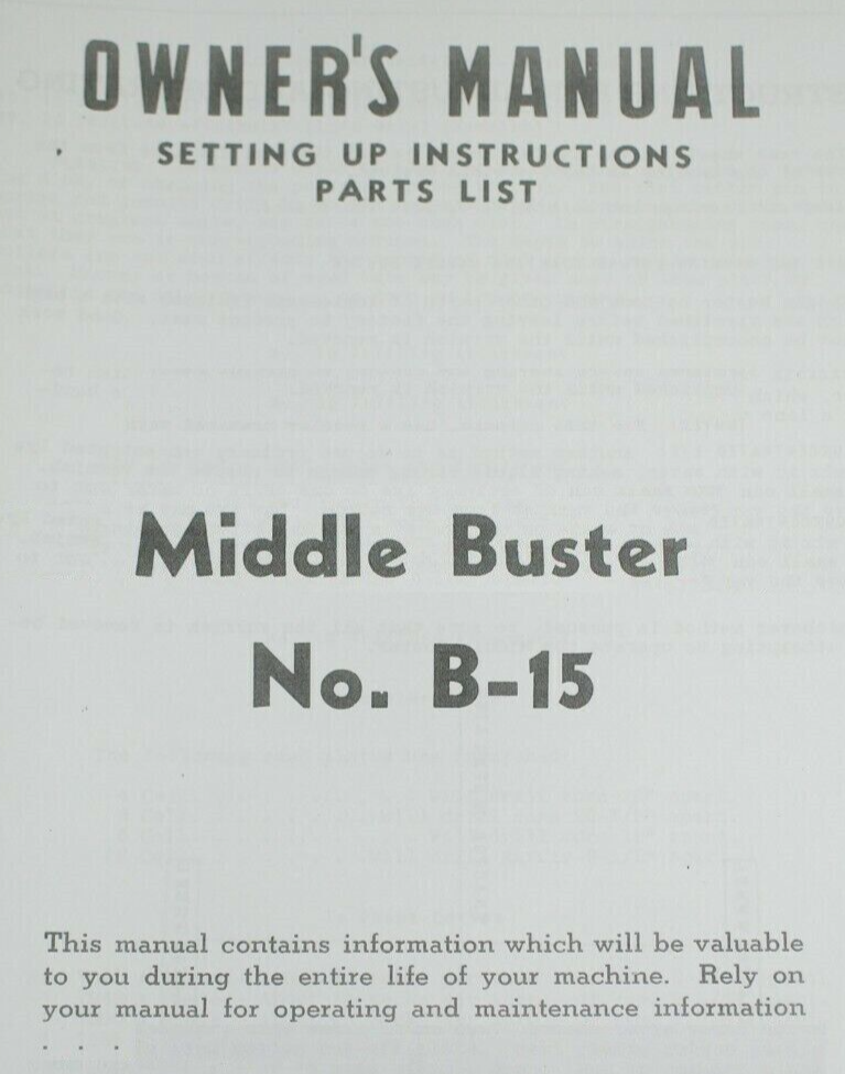 McCormick-Deering Farmall B B-15 Middle Buster Plow 2 Furrow Owner's ...