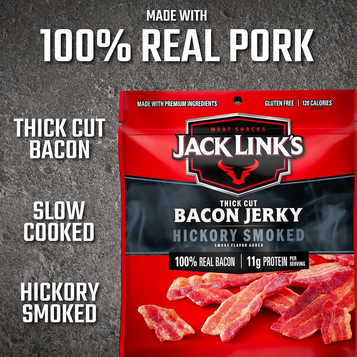 Jack Link's Bacon Jerky, Hickory Smoked, 2.5 oz. Bag - Flavorful Ready ...