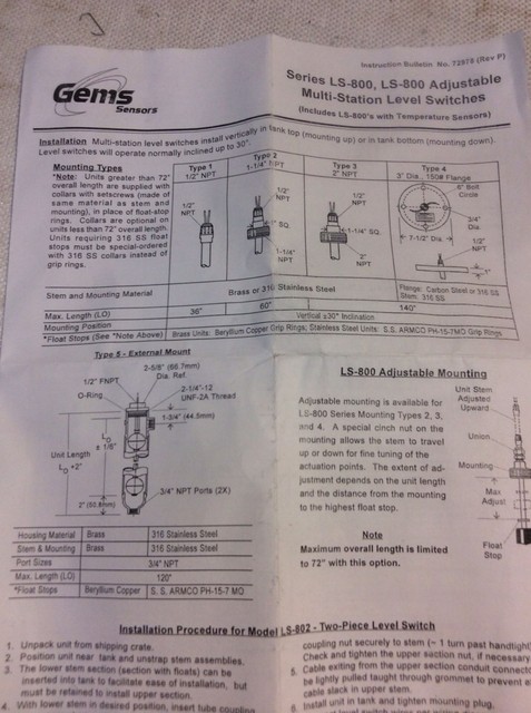 Gems Sensors Ls-800-3 143981 Liquid Level Sensor Switch LS8003 for sale ...