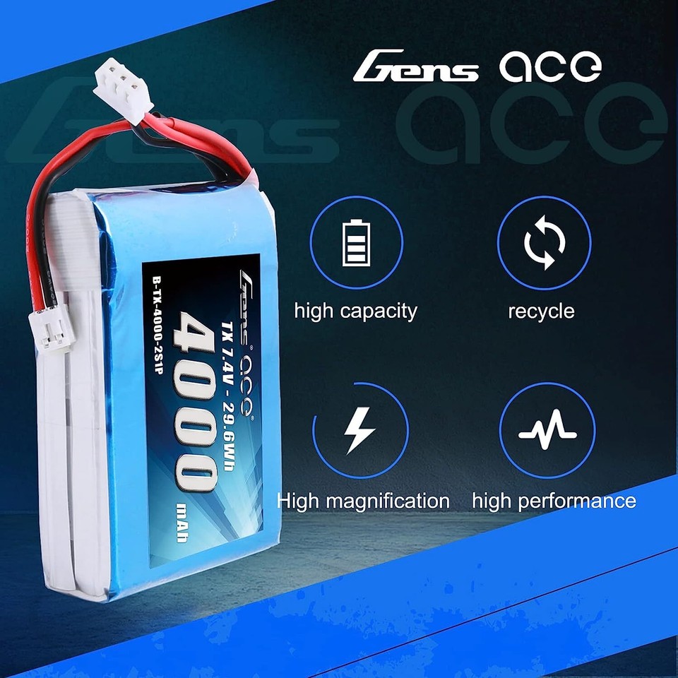 Gens ace 4000mAh 7.4V TX 2S LiPo Battery JST-EHR For Spektrum DX7S ...