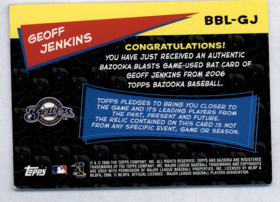 2006 Bazooka Blasts Bat Relics Geoff Jenkins Milwaukee Brewers #BBL-GJ ...