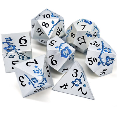 Silver & Blue Plum Blossom Solid Metal DND Dice Set Polyhedral Dungeons ...