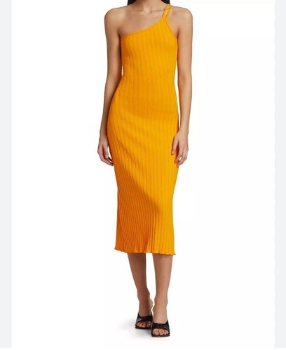 Simon Miller Ribbed One Shoulder Oline Orange Saffron Bodycon Midi ...