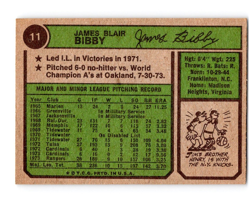 1974 Topps #11 Jim Bibby Texas Rangers Baseball Card EX-EXMT | eBay