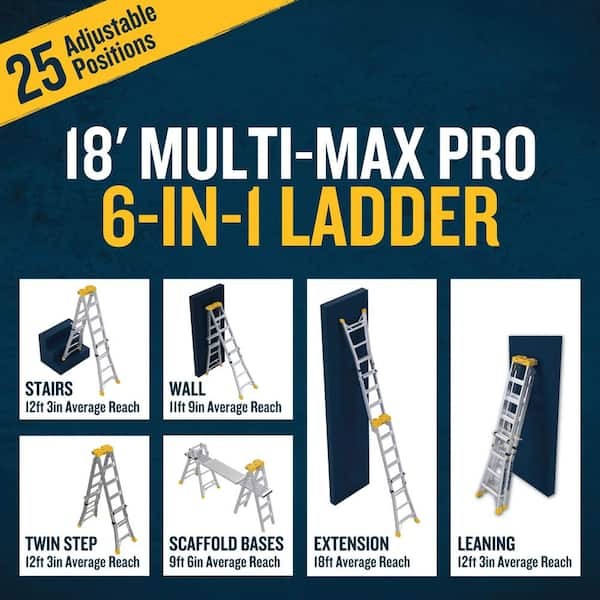 18ft Reach Aluminum 6-in-1 Multi-Max Pro Multi-Position Ladder, 375lbs ...