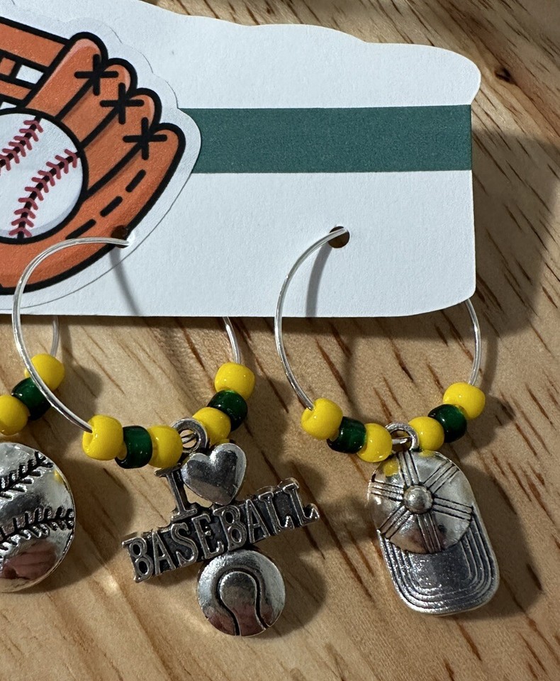 Baseball Wine Charms, Four Wine Charms, Green Yellow Baseball Wine ...
