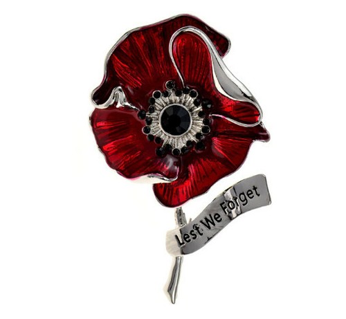 POPPY Brooch LEST WE FORGET Enamel Crystals Silver Anzac Veteran ...