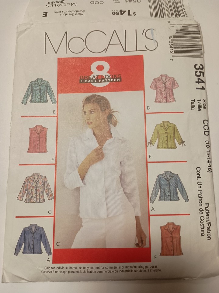 Uncut McCalls 10-16 Easy Front Button Collared Shirts Pattern 3541, 8 ...