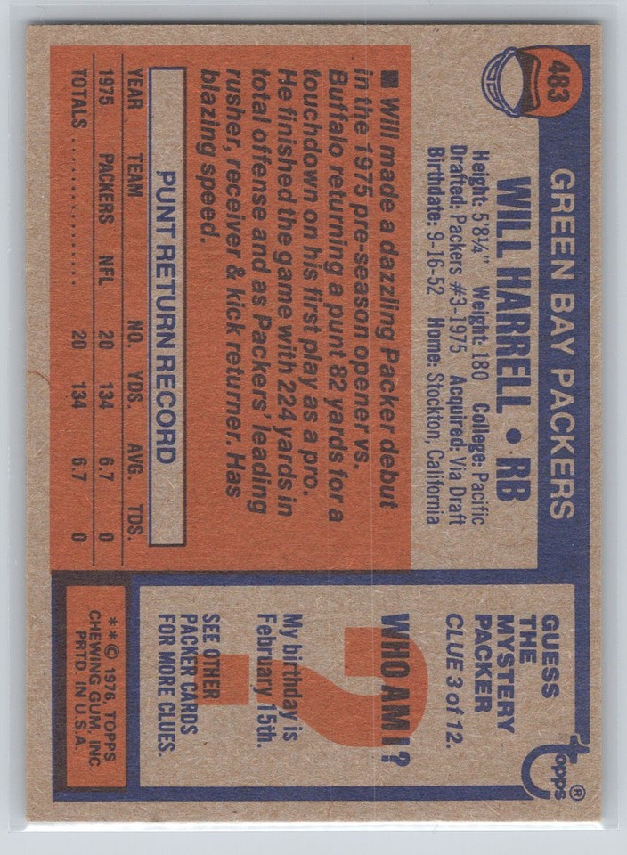 1976 Topps #483 Will Harrell RC Rookie - Packers - Excellent | eBay