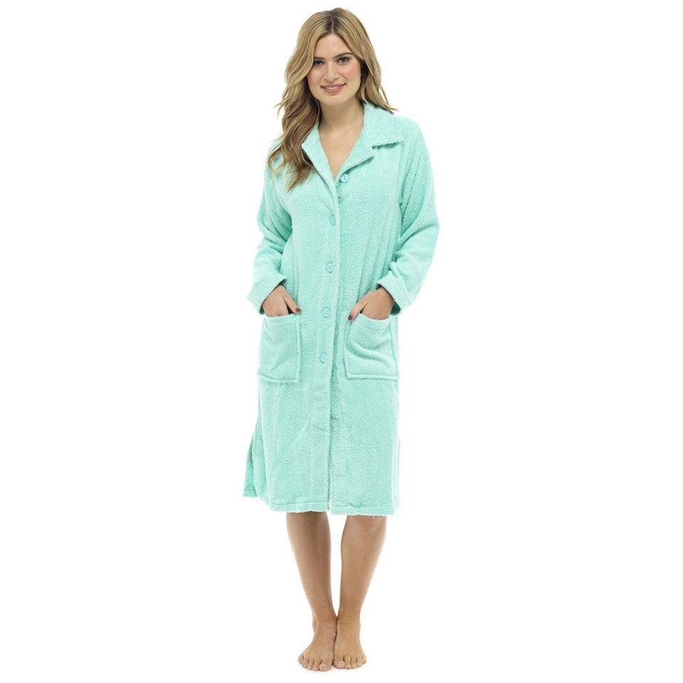Womens Terry Towelling Zip / Button Through Dressing Gown Bath Robe ...
