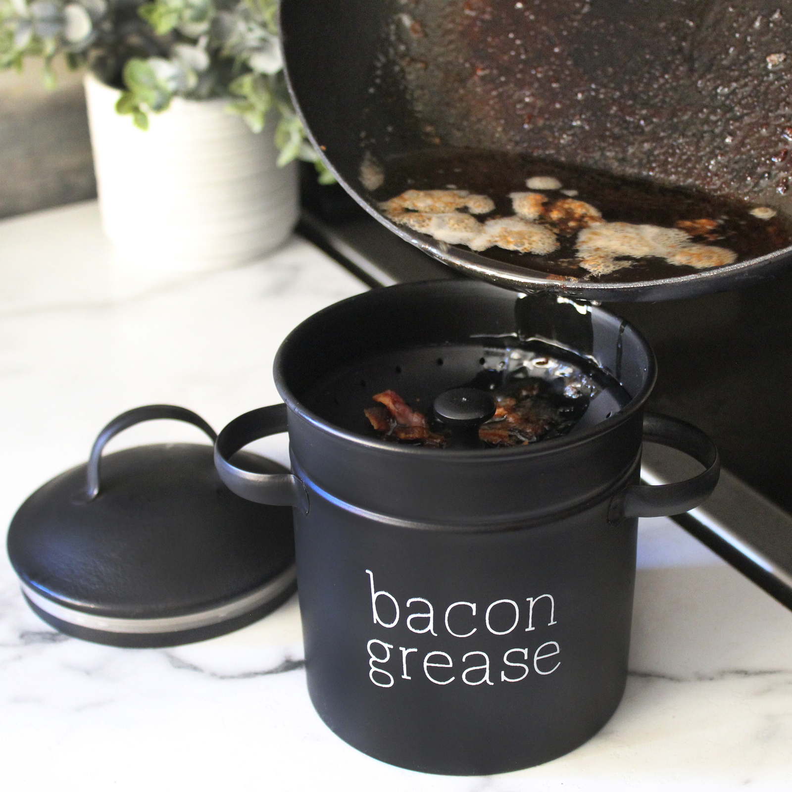 Black Enamal Farmhouse Bacon Grease Container, Vintage w/Strainer Keto ...