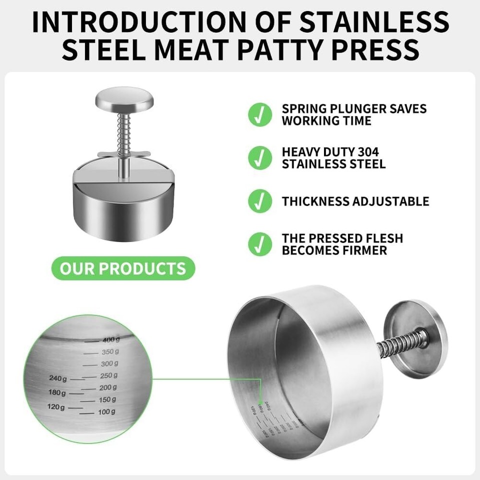 Stainless Steel Adjustable Hamburger Press & Patty Maker Non-Stick ...