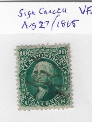US # 68, 10 cent dark green, Washington, 1861, signed cancel ,1868, scv ...