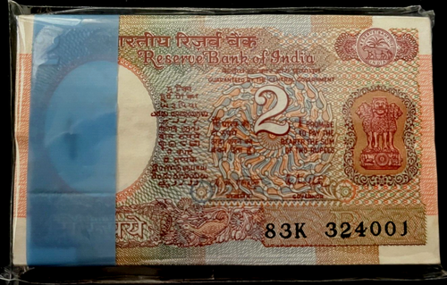 India 2 RUPEES P-79 1976 x 100 Pcs BUNDLE UNC Indian Satellite SPACE ...