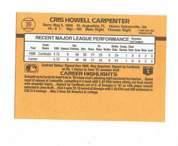 Cris Carpenter St Louis Cardinals Rated Rookie P #39 Donruss 1989 # ...