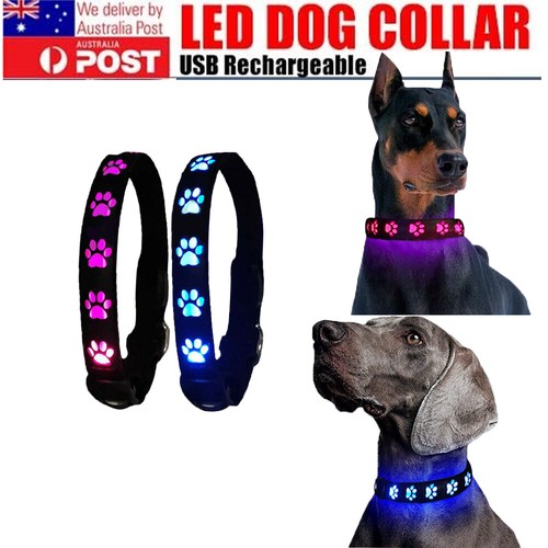 USB Rechargeable LED Dog Collar Nylon Glow Flashing Light Up Safety Pet ...