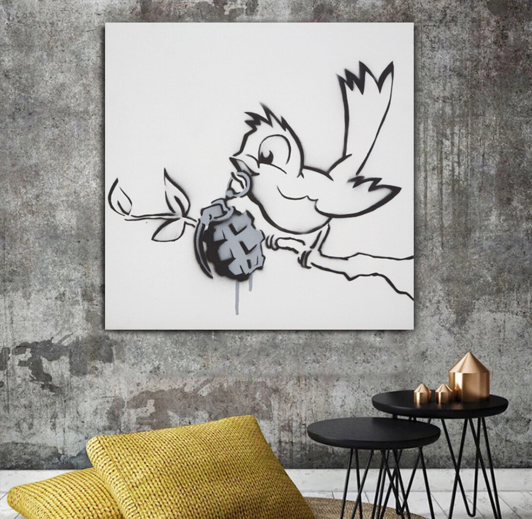 STRETCHED PRINTS ON CANVAS ART BANKSY BIRD AND GRENADE FRAMED GRAFITTI ...
